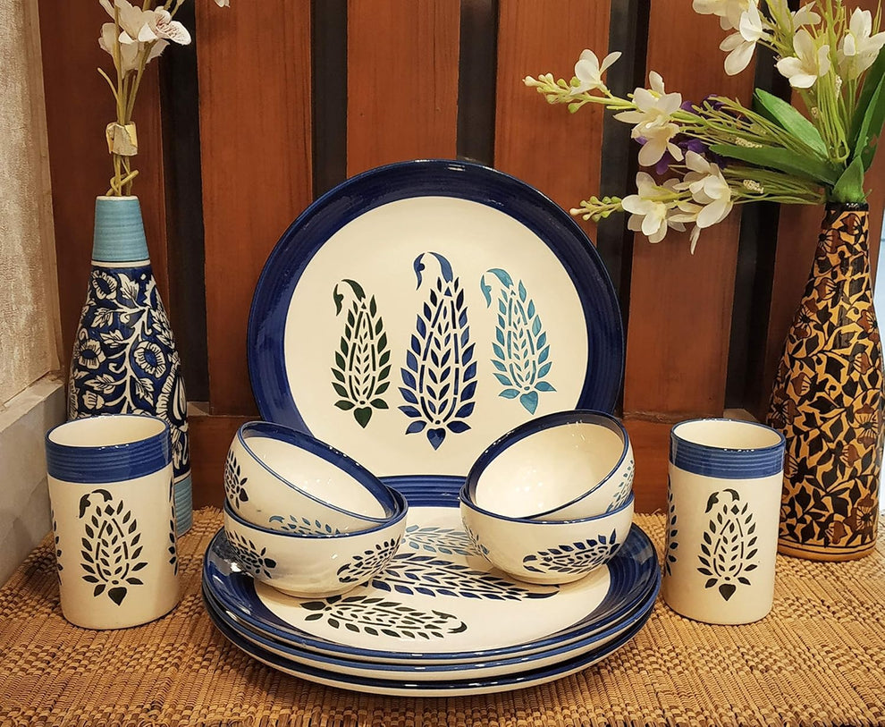 Caffeine Ceramic Handmade Blue Boota Combo Dinner Set (10 pcs ...